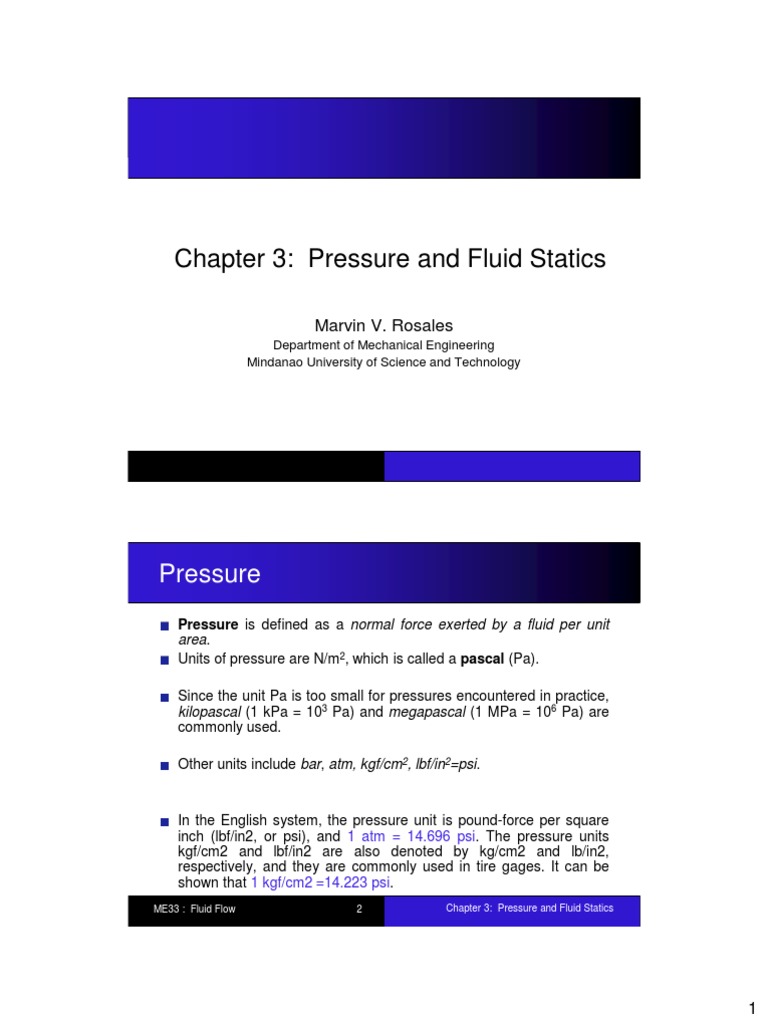 Chapter 3 - Pressure and Fluid Statics | PDF | Pressure | Pressure Measurement