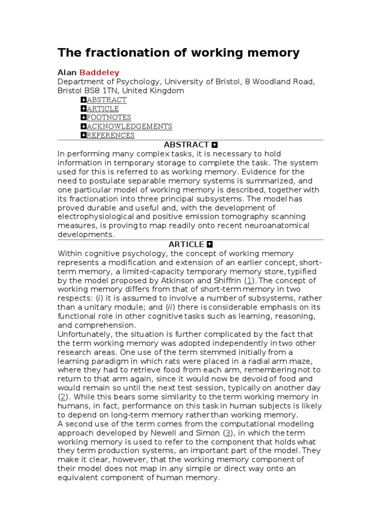 Baddeley | PDF | Working Memory | Memory