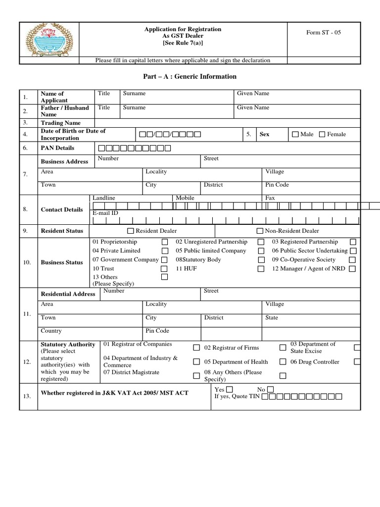 Part - A: Generic Information: Application For Registration As GST ...