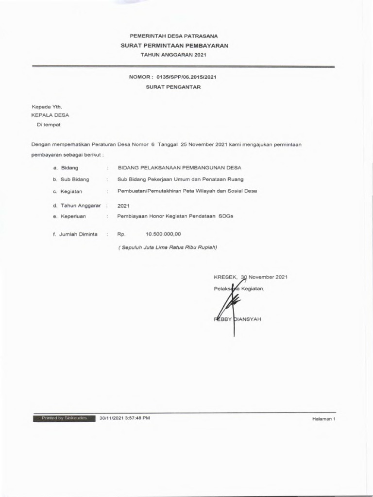 Permintaan Pembayaran Honor SDGs Desa | PDF | Pengelolaan Keuangan & Uang