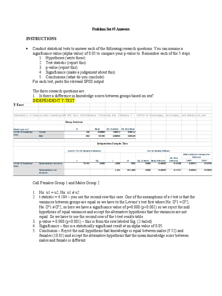 HM 802 730 Clements - Problem Set 5 - ANSWERS | PDF | P Value | Statistical Significance
