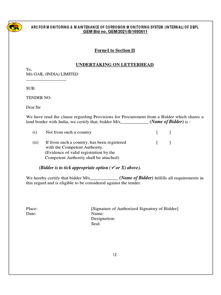 Form-I To Section II: To, M/S Gail (India) Limited - Sub: Tender No ...