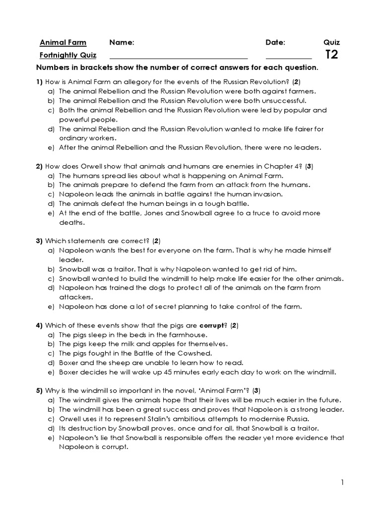 Animal Farm Fortnightly Quiz Name: Date: Quiz Numbers in Brackets Show ...