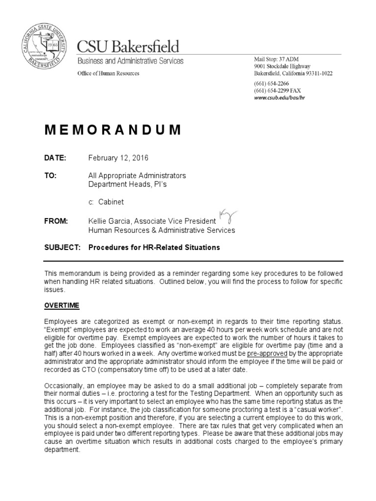 HR-Related Procedures Memo 02 2016 | PDF | Employment | Overtime