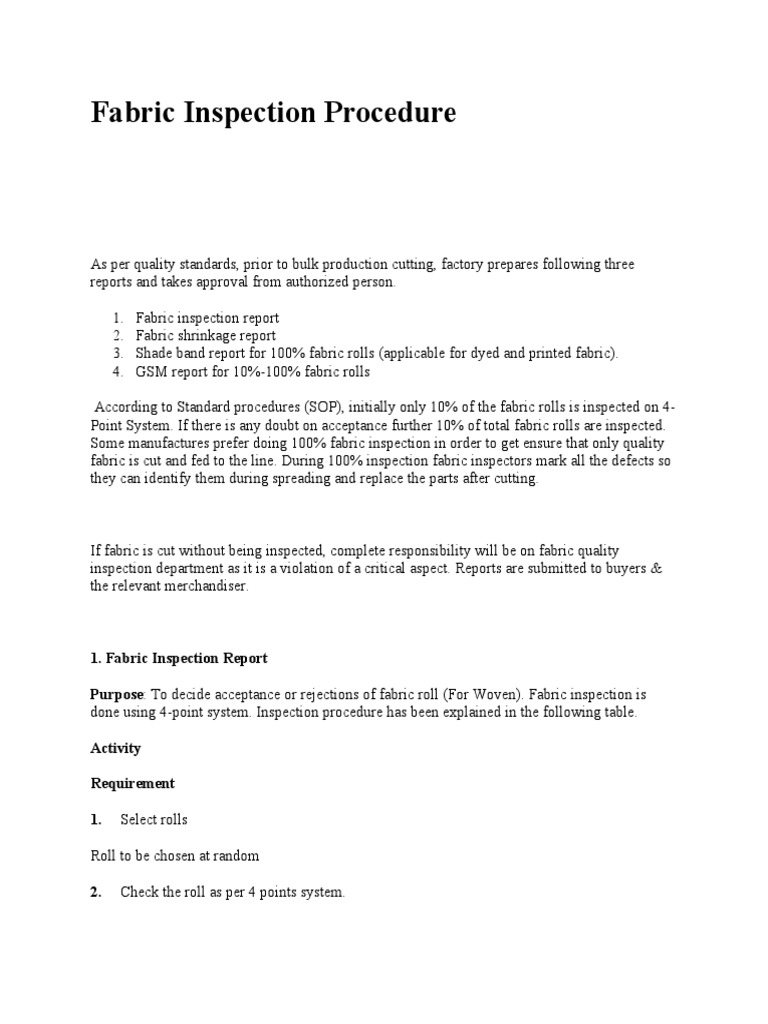 Fabric Inspection Procedure | PDF | Textiles