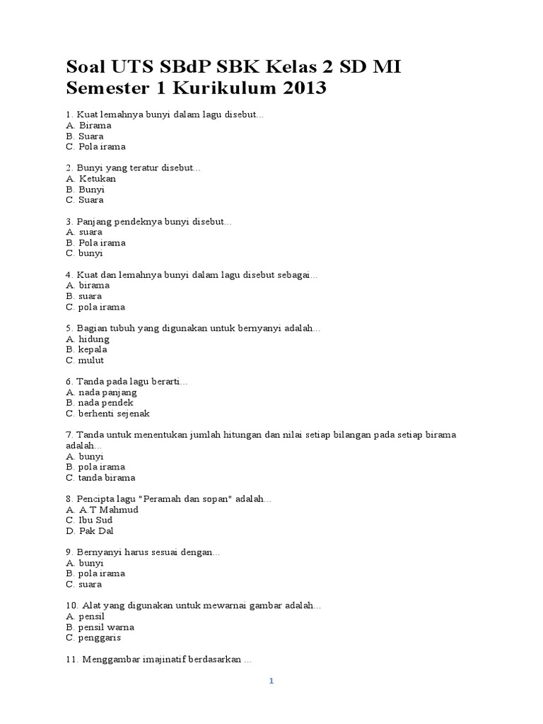 Soal Uts Sbdp Sbk Kelas 2 Sd Mi Semester 1 Kurikulum 2013 Pdf