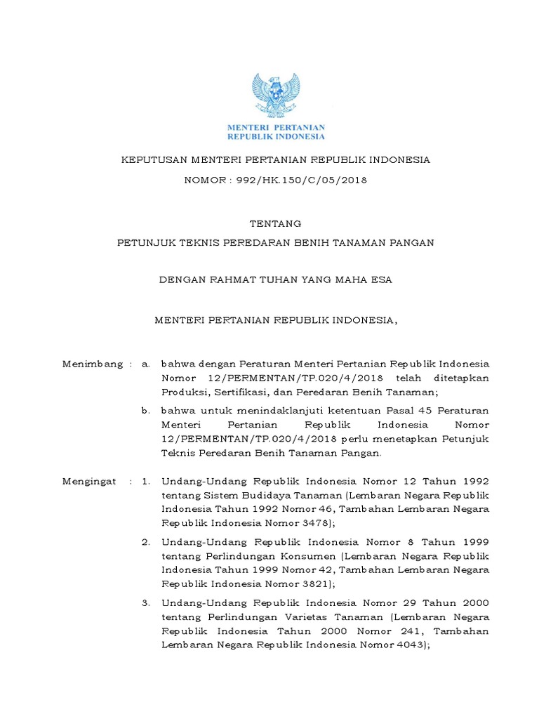 Kepmentan No 992 Tahun 2018 Tentang Petunjuk Teknis Pengawasan ... Kepmentan No 992 Tahun 2018 Tentang Petunjuk Teknis Pengawasan ...