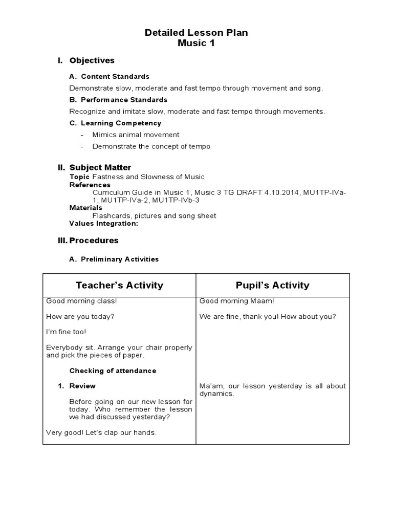 Detailed Lesson Plan Music 1 | PDF | Tempo | Cognition