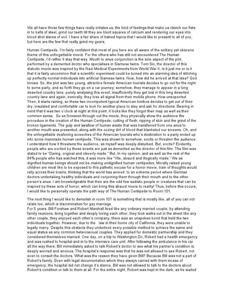 Room 101 - Persuasive Writing Speech | PDF | Cancer