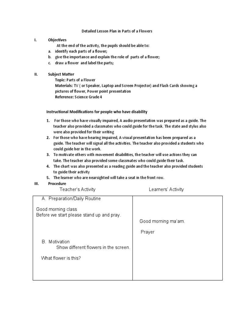 Detailed Lesson Plan in The Parts of A Flower | PDF | Flowers | Petal