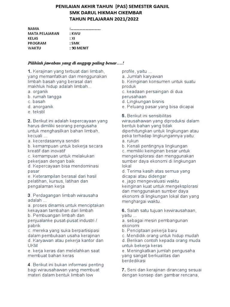 Soal Kwu KLS 11 | PDF