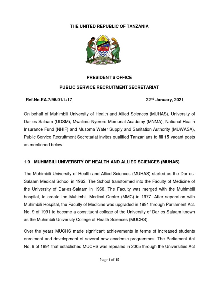 Tangazo La Nafasi Za Kazi Muhas, Nhif, Mnma & Muwasa | PDF | Geographic ...