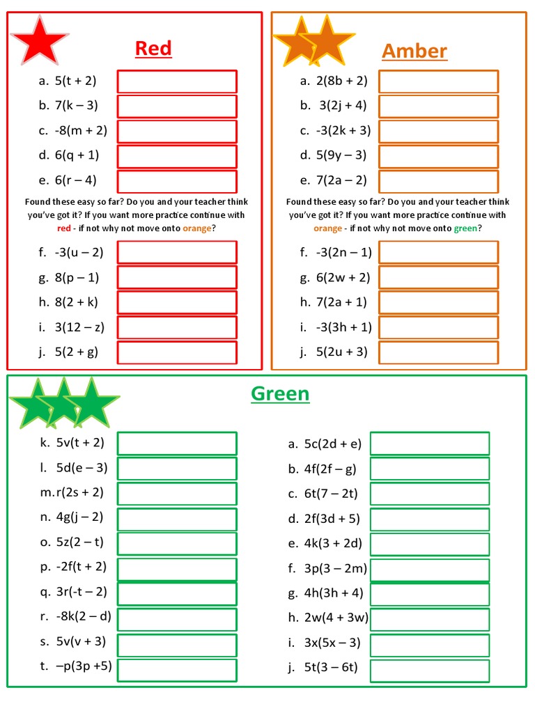 Algebra 1.5 Multiplying Single Bracket Differentiated Worksheet | PDF