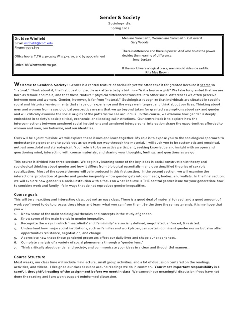 Gender & Society Syllabus SP11 | PDF | Gender Role | Gender