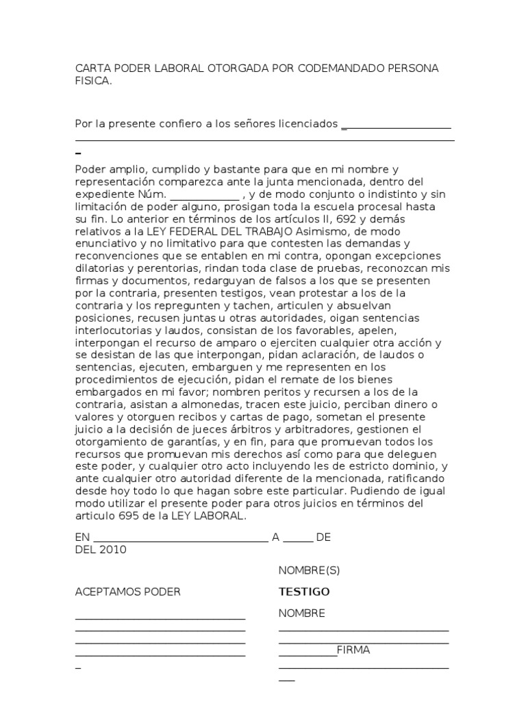 Carta Poder Laboral Otorgada Por Persona Fisica | PDF | Derecho laboral ...