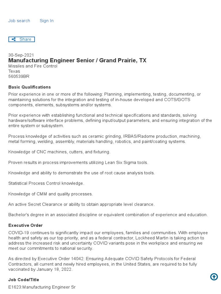 Manufacturing Engineer Senior - Grand Prairie, TX - Lockheed Martin - 1 ...