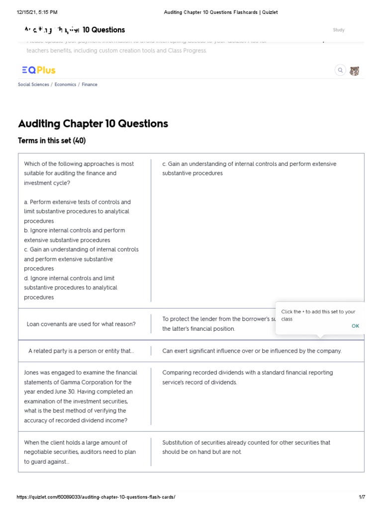 Auditing Chapter 10 Questions Flashcards - Quizlet | PDF | Stocks | Audit