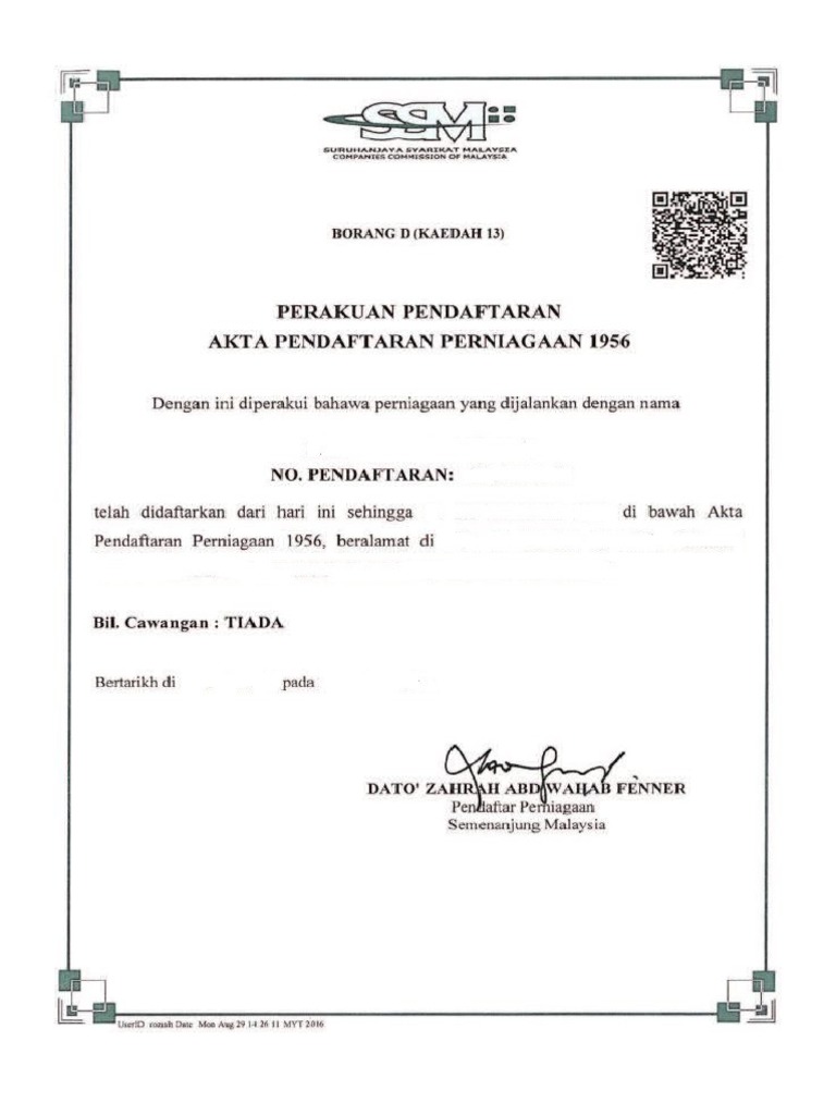 Borang Perakuan Pendaftaran SSM (Borang D) | PDF