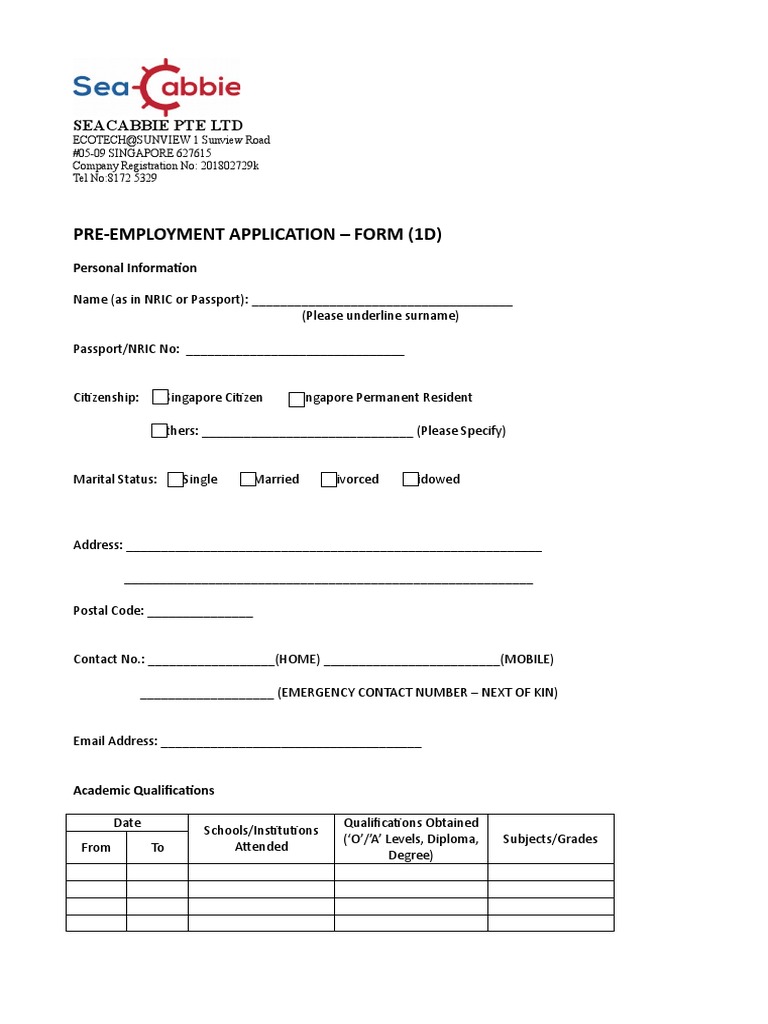 Pre-Employment Application - Form (1D) : Seacabbie Pte LTD | PDF ...