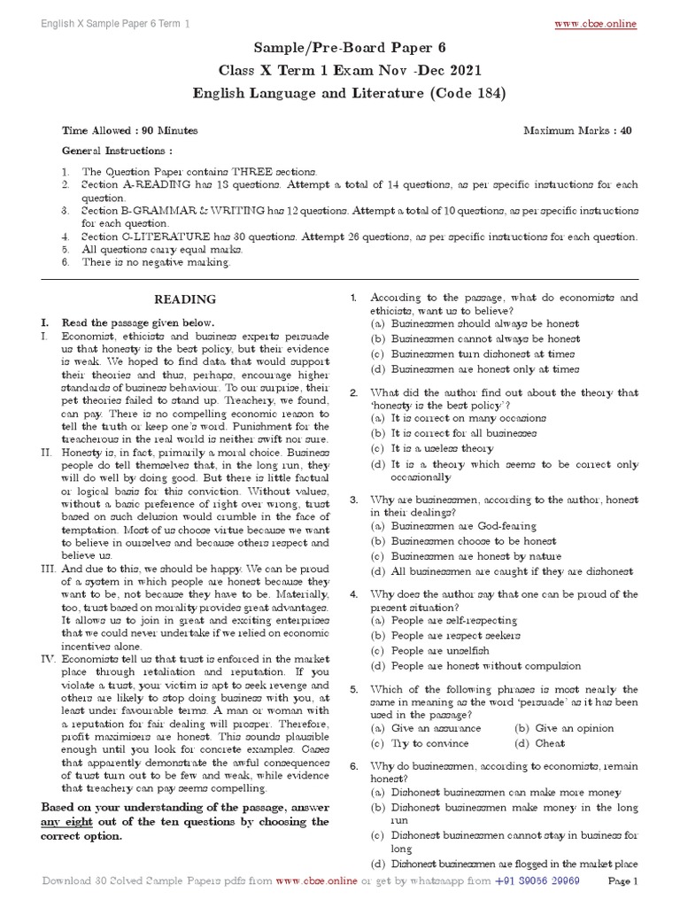 Sample/Pre-Board Paper 6 Class X Term 1 Exam Nov - Dec 2021 English Language and Literature ...
