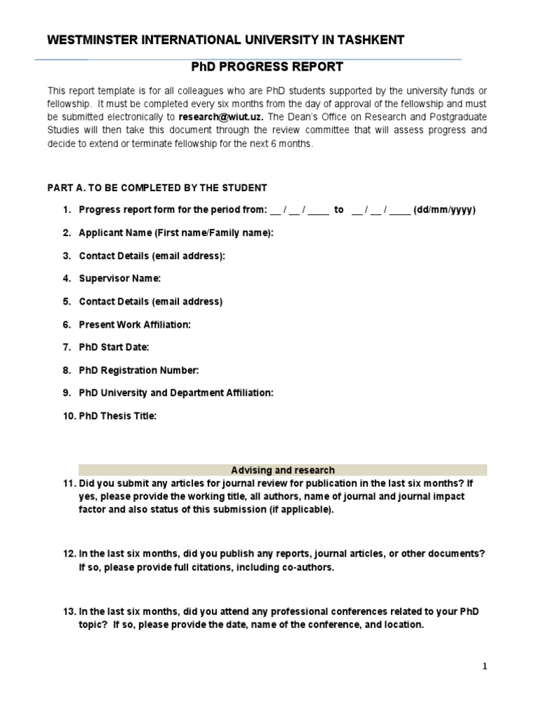 PHD Student Progress Report Template | PDF | Thesis | Doctor Of Philosophy