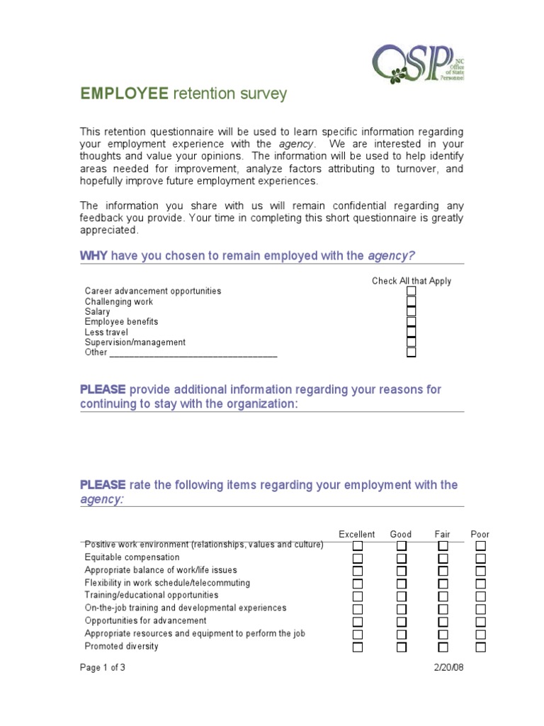 Employee Retention Survey Questionnaire | PDF | Employee Retention ... Employee Retention Survey Questionnaire | PDF | Employee Retention ...