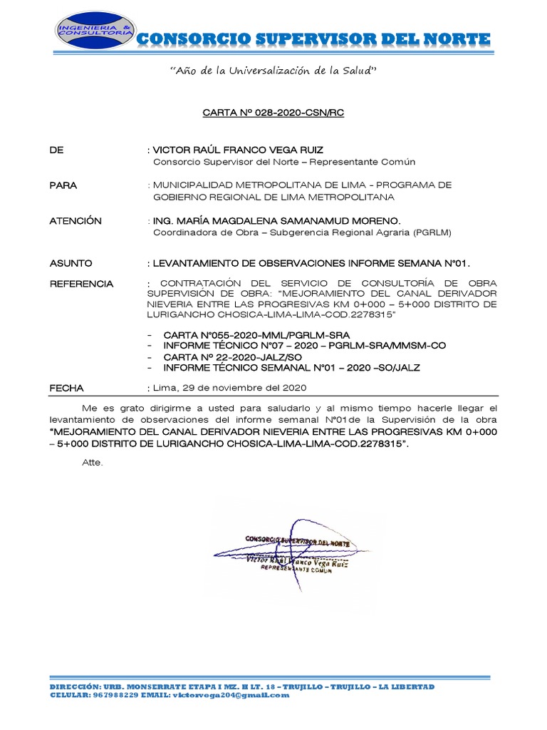 Carta 028 - Levantamiento de Observaciones Informe Semanal N°01 | PDF