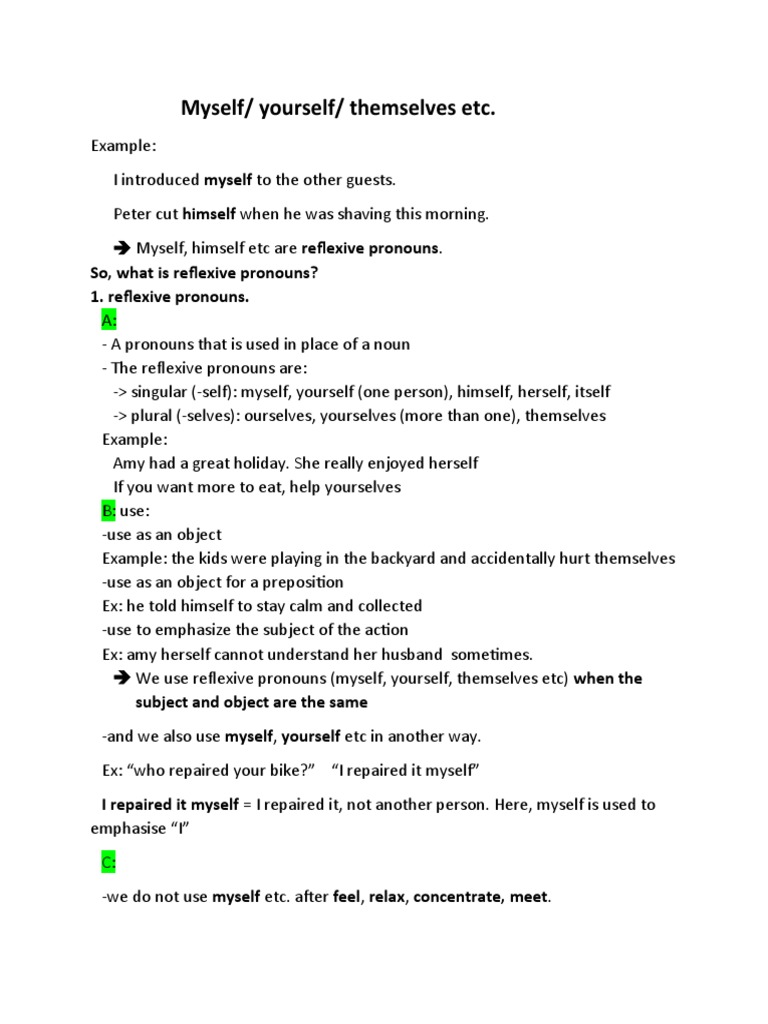 Myself/ Yourself/ Themselves Etc.: So, What Is Reflexive Pronouns? 1 ...