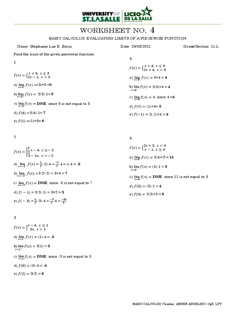 Worksheet No: Basic Calculus - Teacher: Abner Angelino, Cpe, LPT | PDF ...