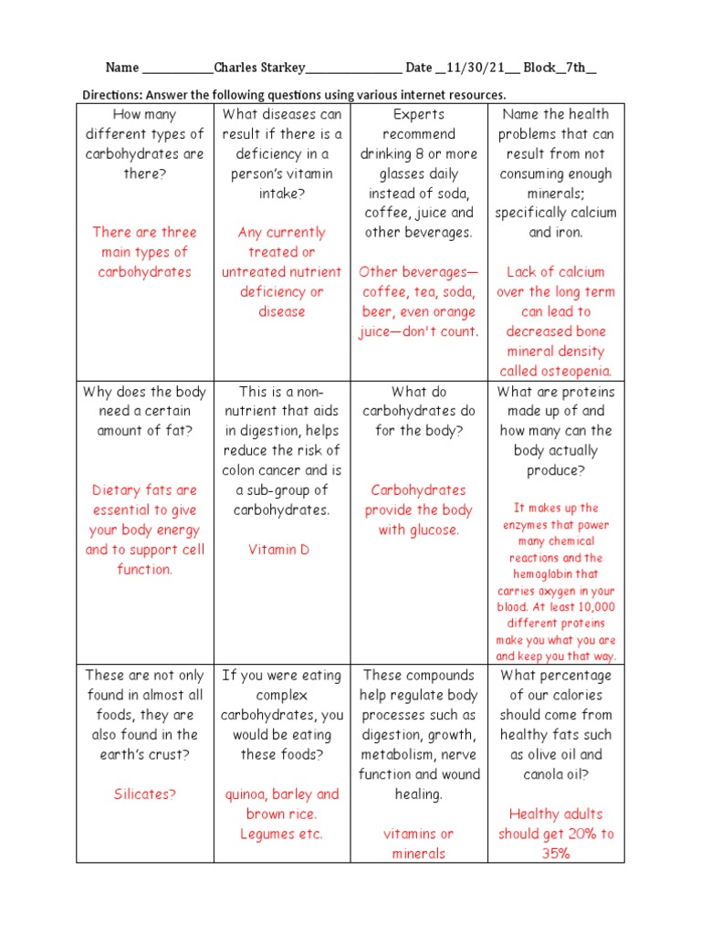Charles Nutrient Review Scavenger Hunt | PDF | Carbohydrates | Nutrients