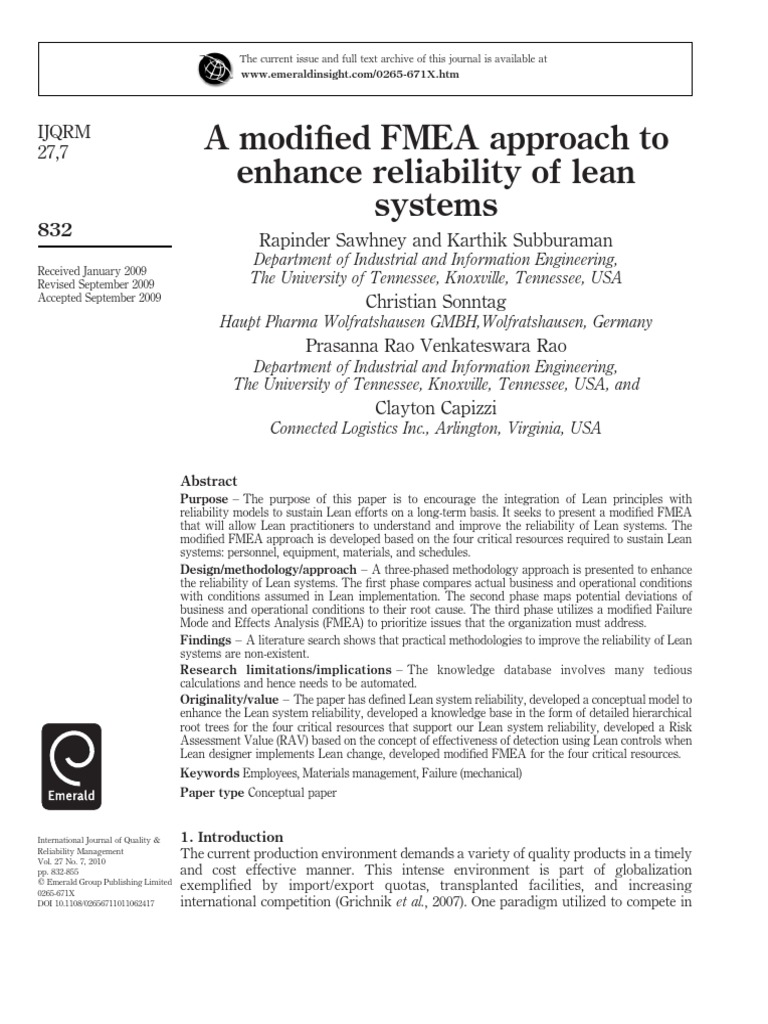 A Modified FMEA Approach To | PDF | Reliability Engineering | Lean ...