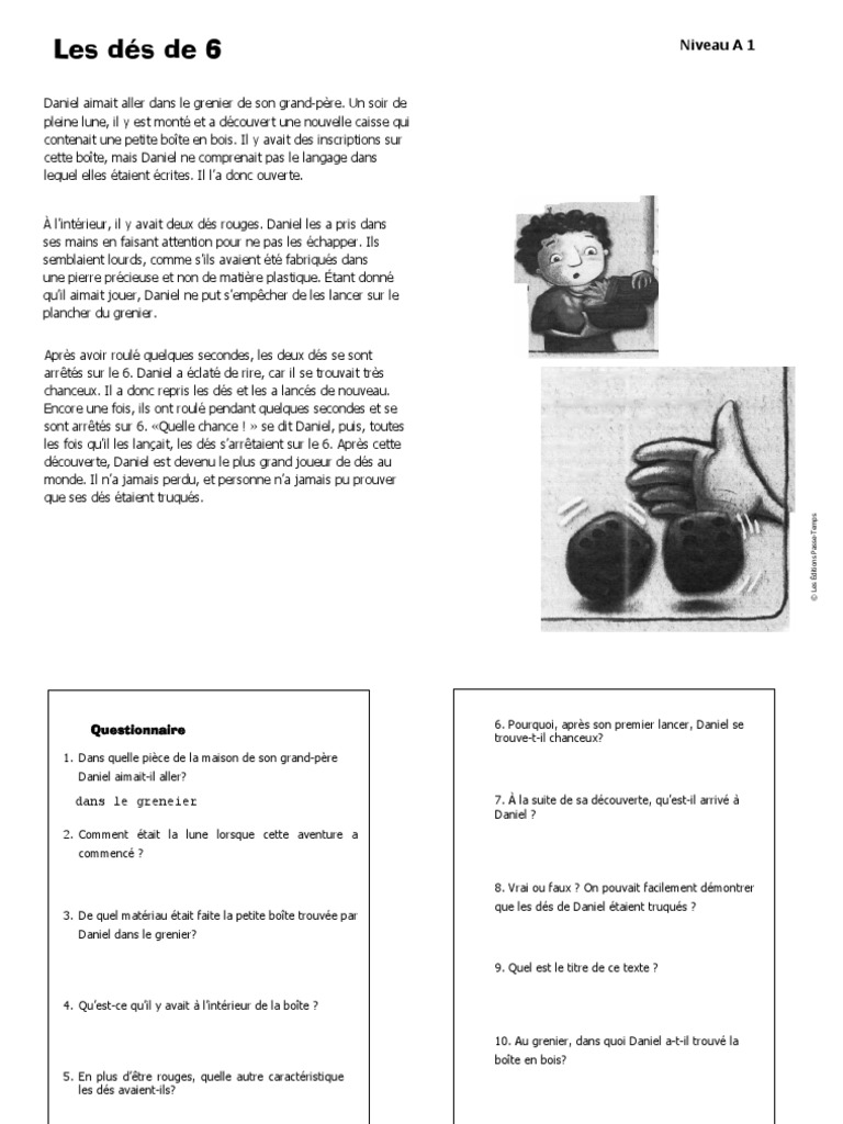 A1 Les Dés de 6 - Texte Et Questionnaire | PDF | Dé