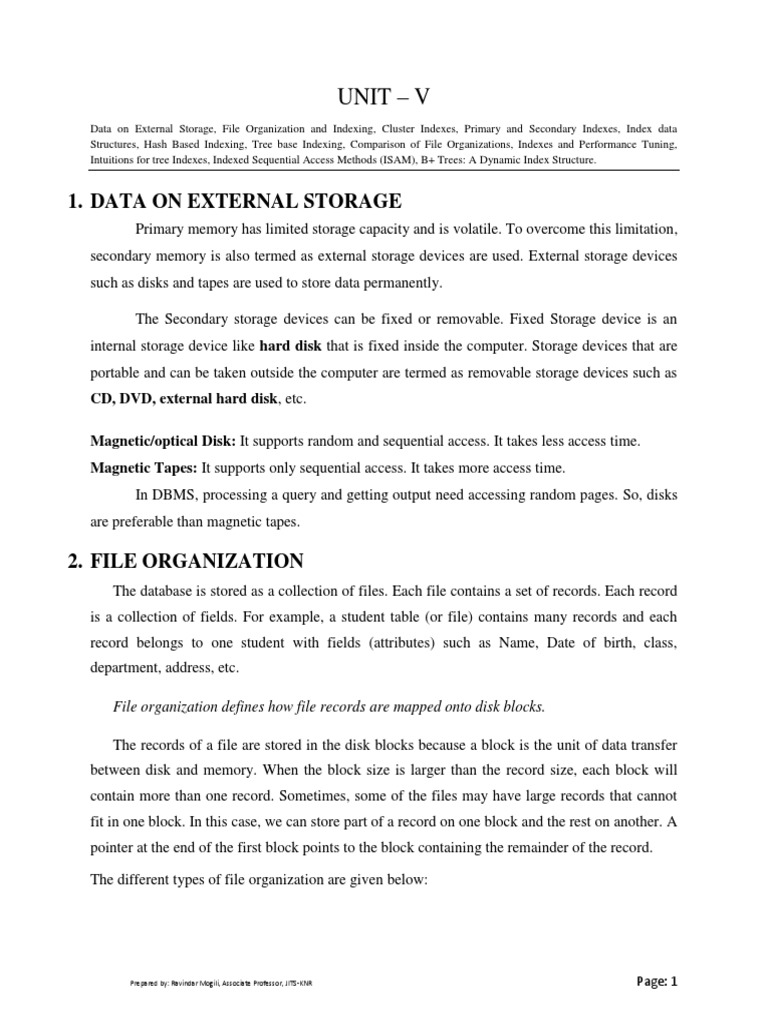 Dbms R18 Unit 5 Notes Pdf Database Index Computer Data Storage 