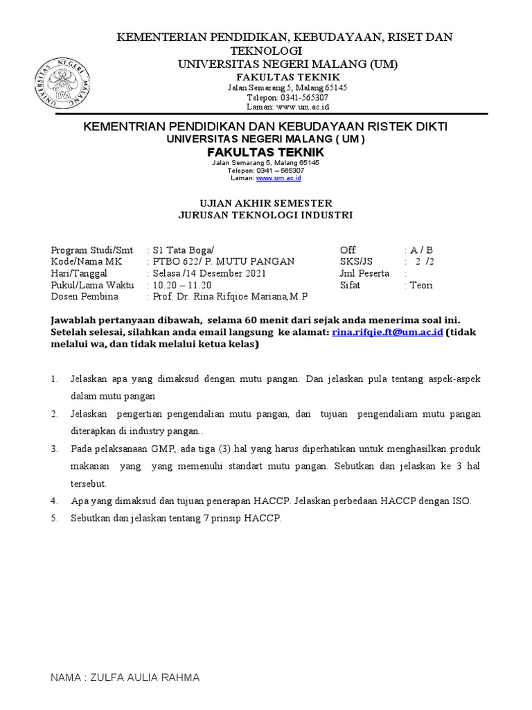 Jawaban Uas Mutu Pangan - Zulfa Aulia | PDF