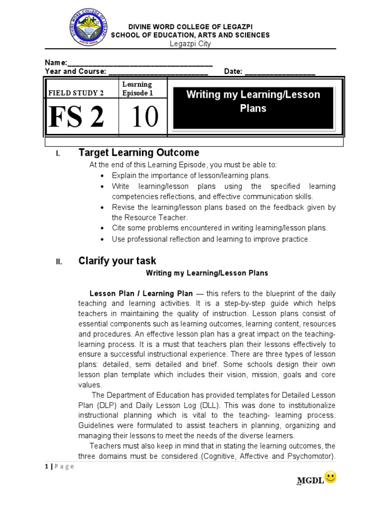 Target Learning Outcome: Writing My Learning/Lesson Plans | Download ...