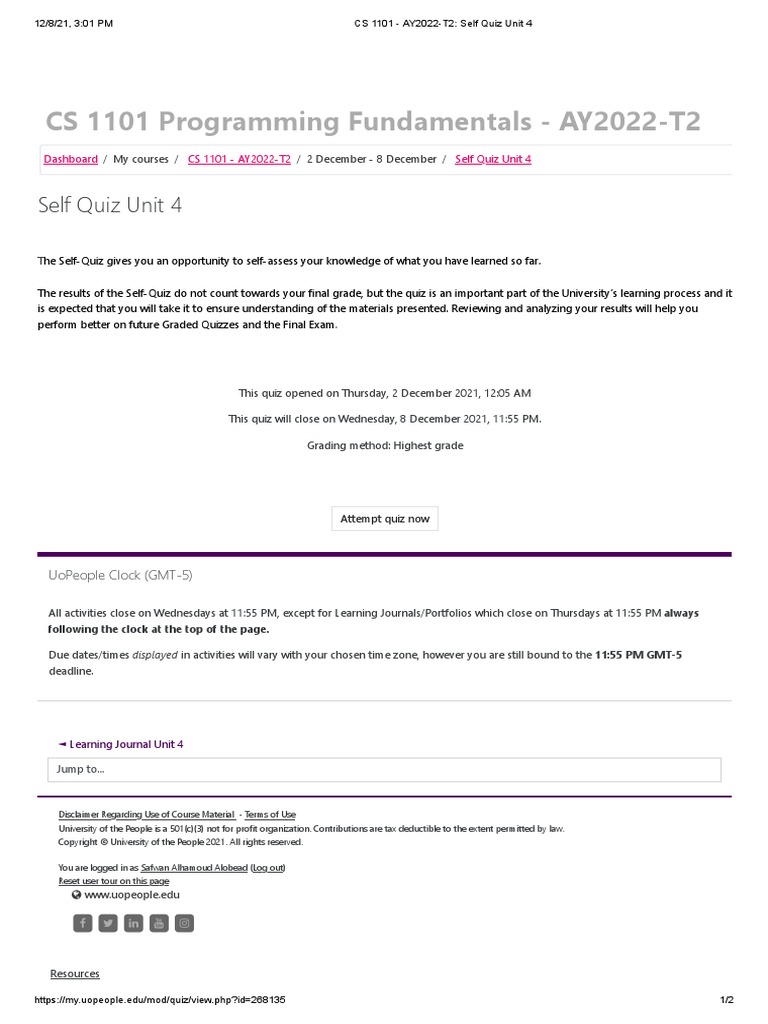 CS 1101 - AY2022-T2 - Self Quiz Unit 4 | PDF