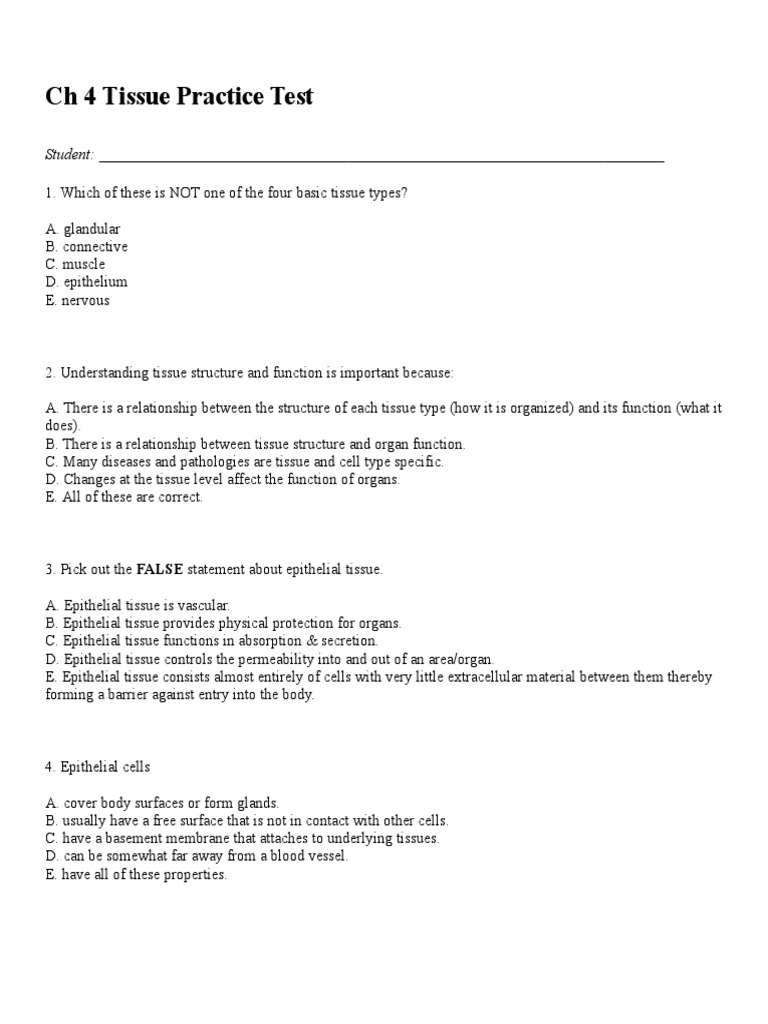 CH 4 Tissue Practice Test | PDF | Epithelium | Tissue (Biology)