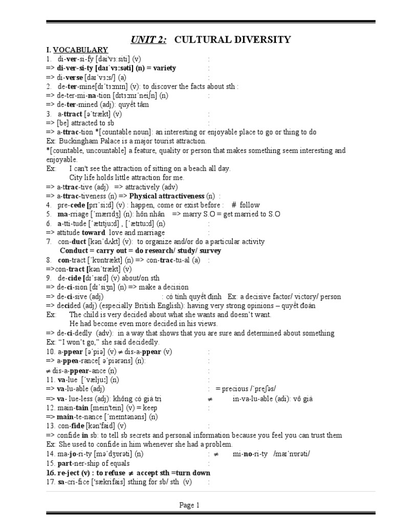 Unit 2: Cultural Diversity: I. Vocabulary | PDF | Meal | Lunch
