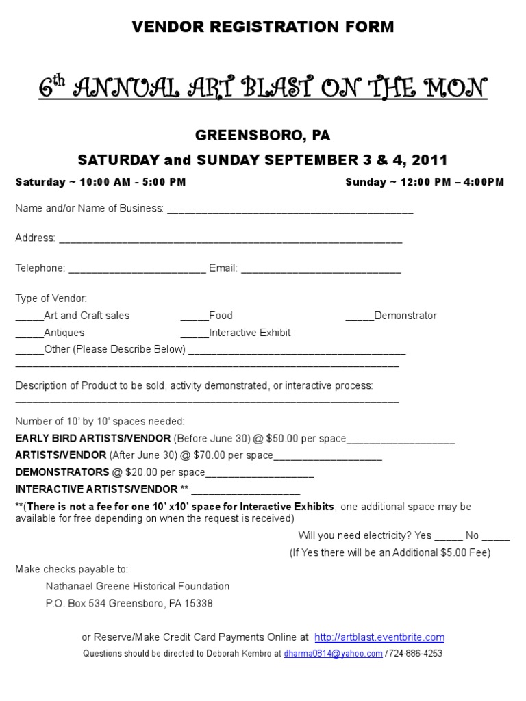 Vendor Registration for Art Blast 2011 | PDF | Fee | Business