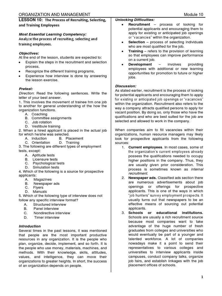 Lesson 10: The Process of Recruiting, Selecting, and Training Employees ...