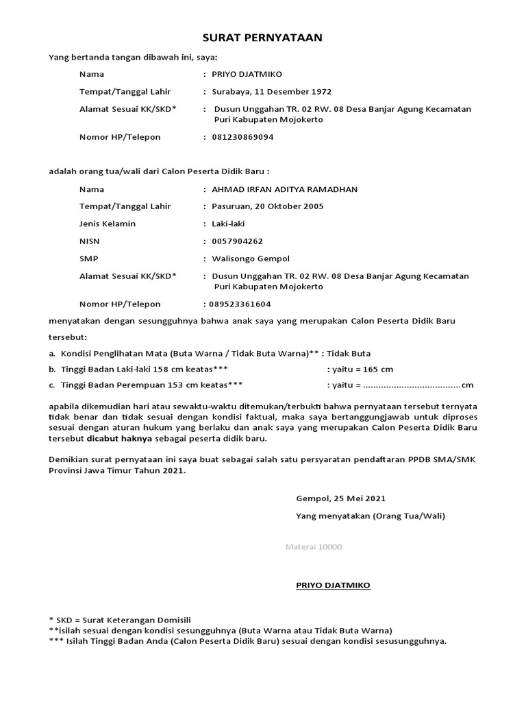 Surat Pernyataan Kesehatan PPDB 2021 | PDF