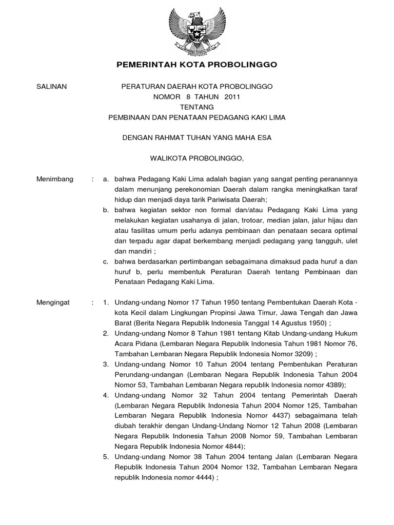 Perda No 8 Tahun 2011 TTG Pembinaan Dan Penataan P | PDF