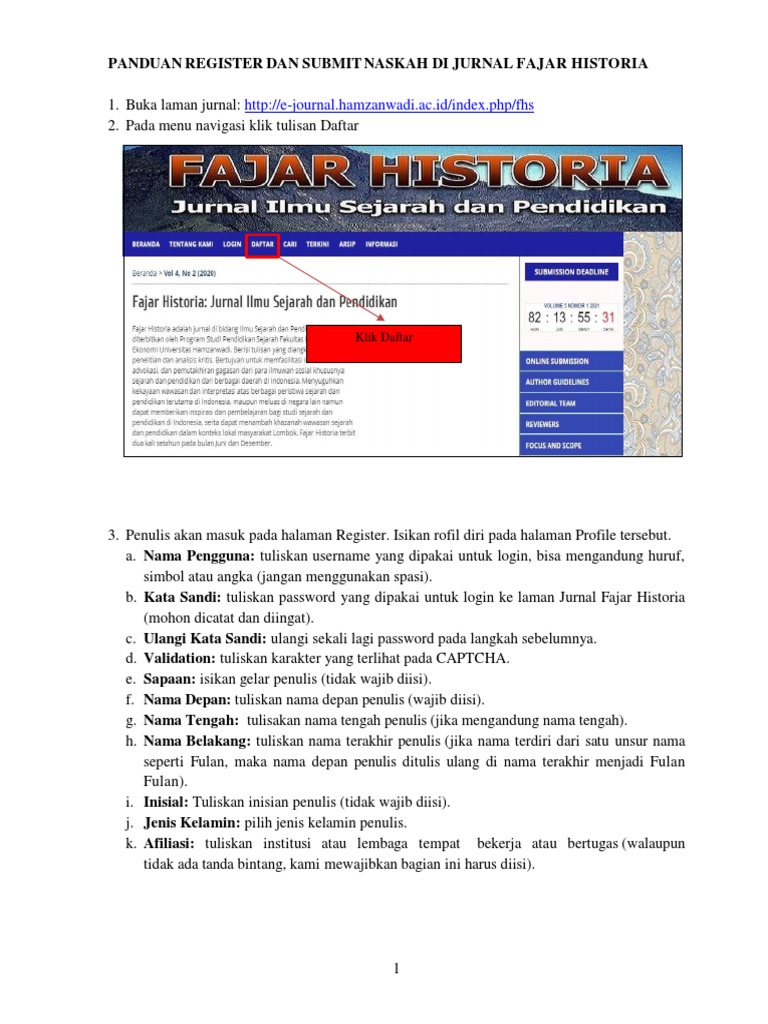 Panduan Register Dan Submit Naskah Artikel Jurnal Fajar Historia | PDF