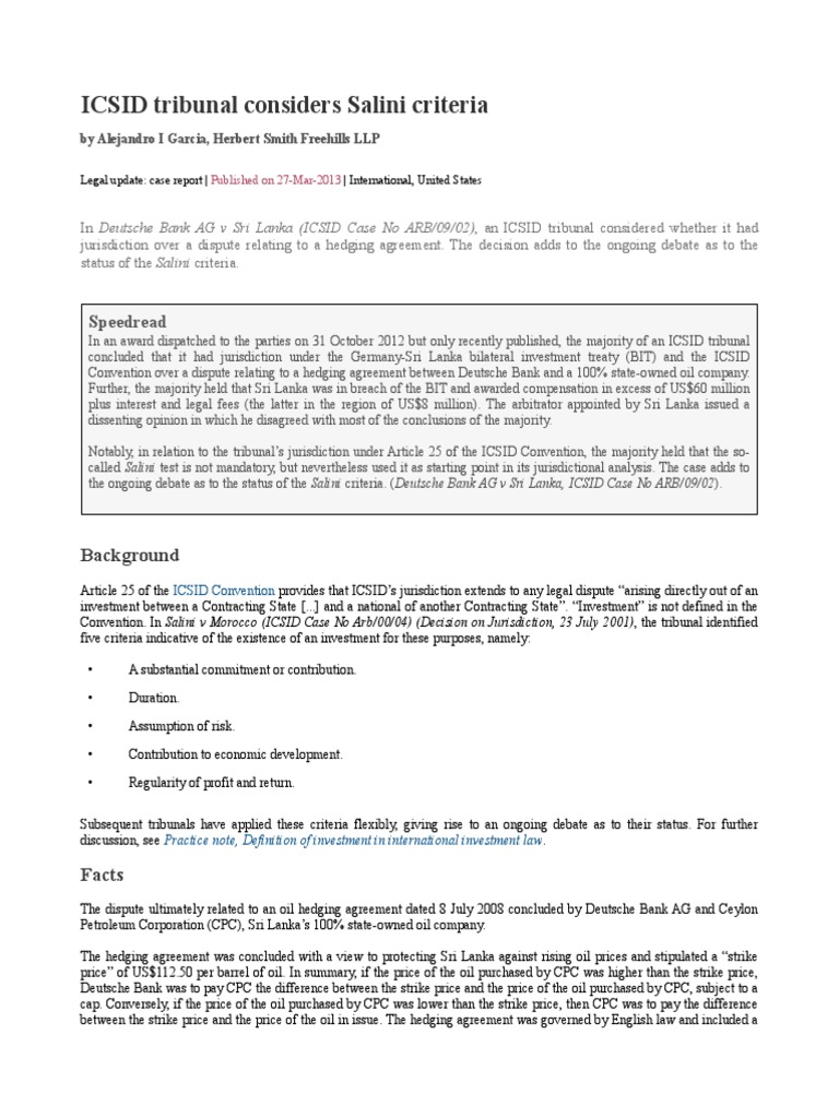ICSID Tribunal Considers Salini Criteria | PDF | Prices | Hedge (Finance)