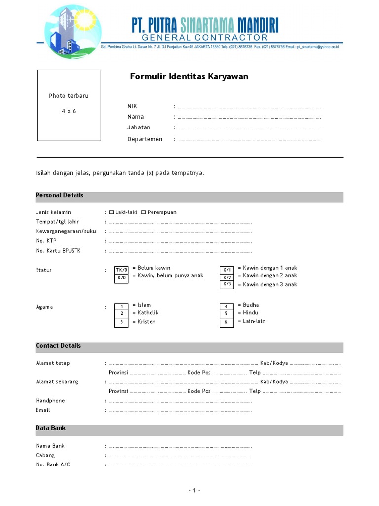 Form Identitas Karyawan Baru | PDF