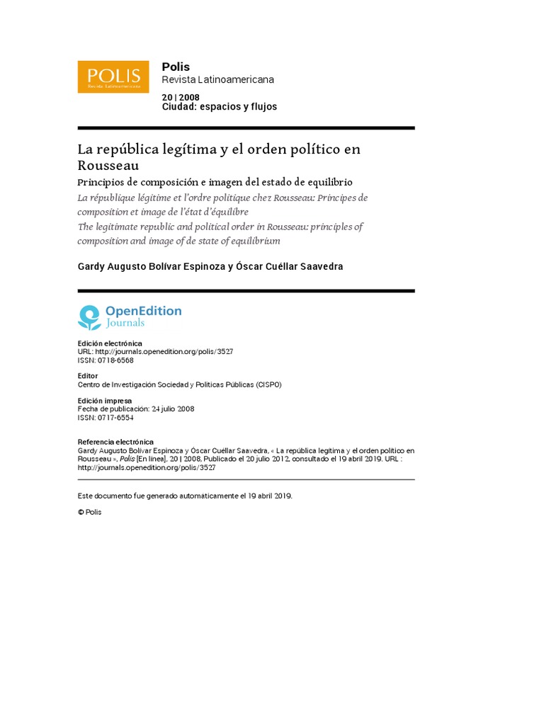 Bolívar Espinoza y Cuéllar Saavedra. Orden Político en Rousseau | PDF | Soberanía | Jean-Jacques ...