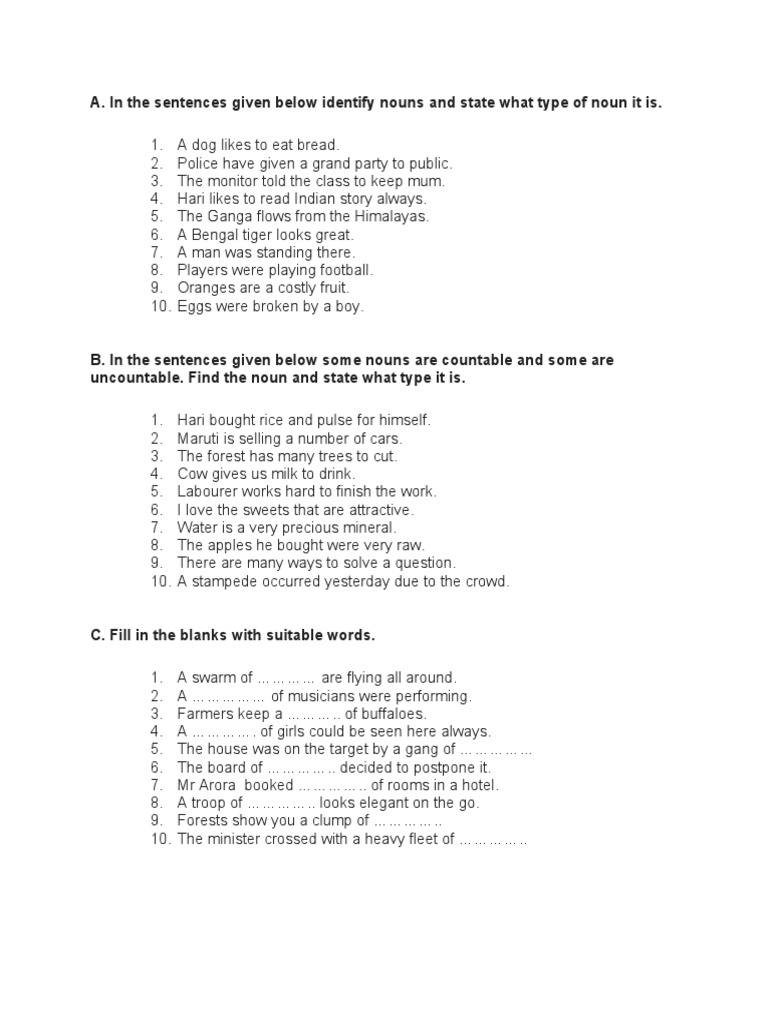 A. in The Sentences Given Below Identify Nouns and State What Type of ...