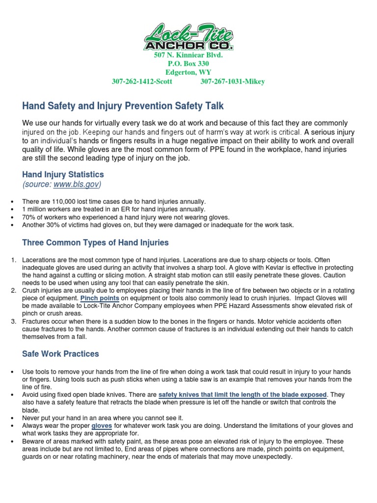 Hand Safety and Injury Prevention Safety Talk | PDF | Personal ...