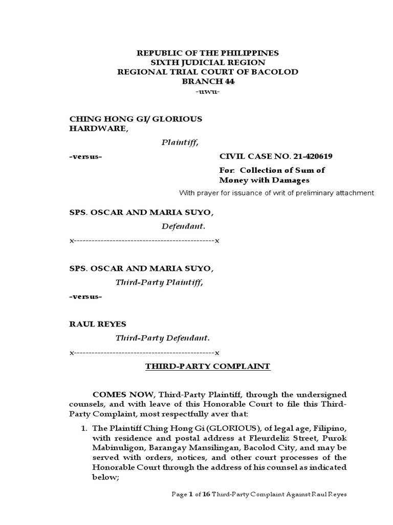 ThirdParty-Complaint Sample | PDF | Complaint | Legal Liability