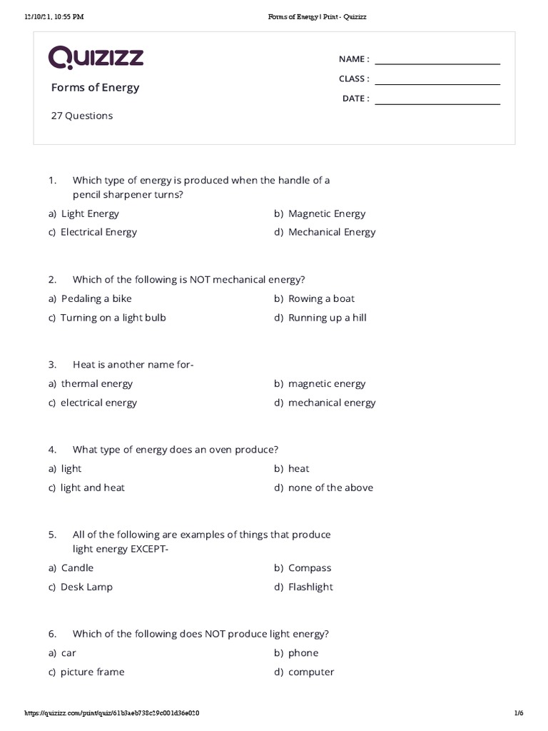Forms of Energy - Print - Quizizz | PDF | Potential Energy | Kinetic Energy